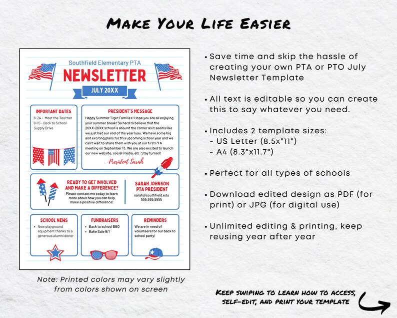 Editable July 4th Newsletter Template: PTO PTA Canva (digital Download ...