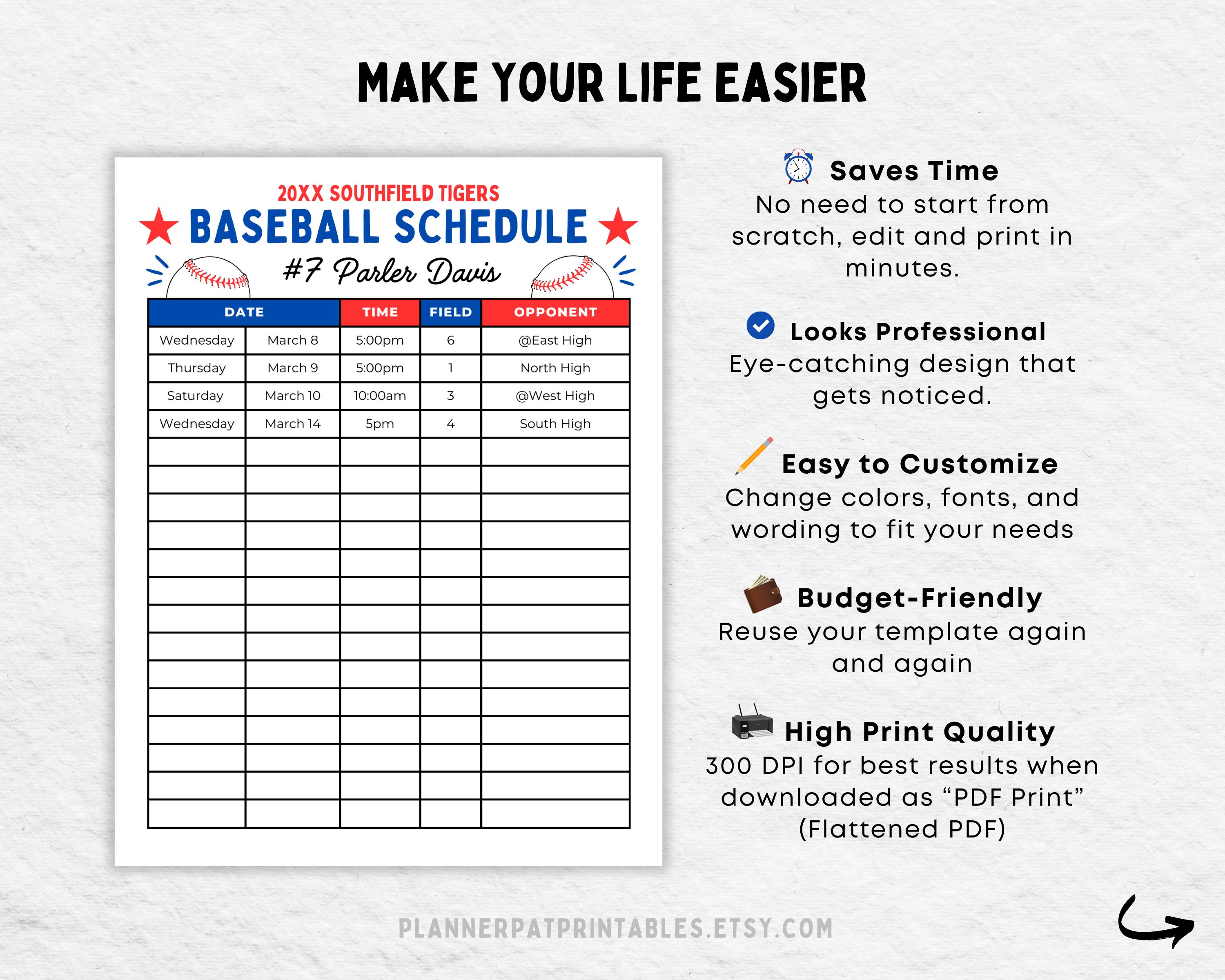 Editable Baseball Schedule Template | Canva Sports Game Calendar ...
