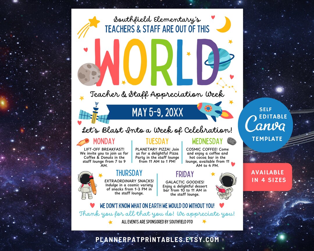 Editable Space Theme Teacher & Staff Appreciation Outer Space Itinerary ...