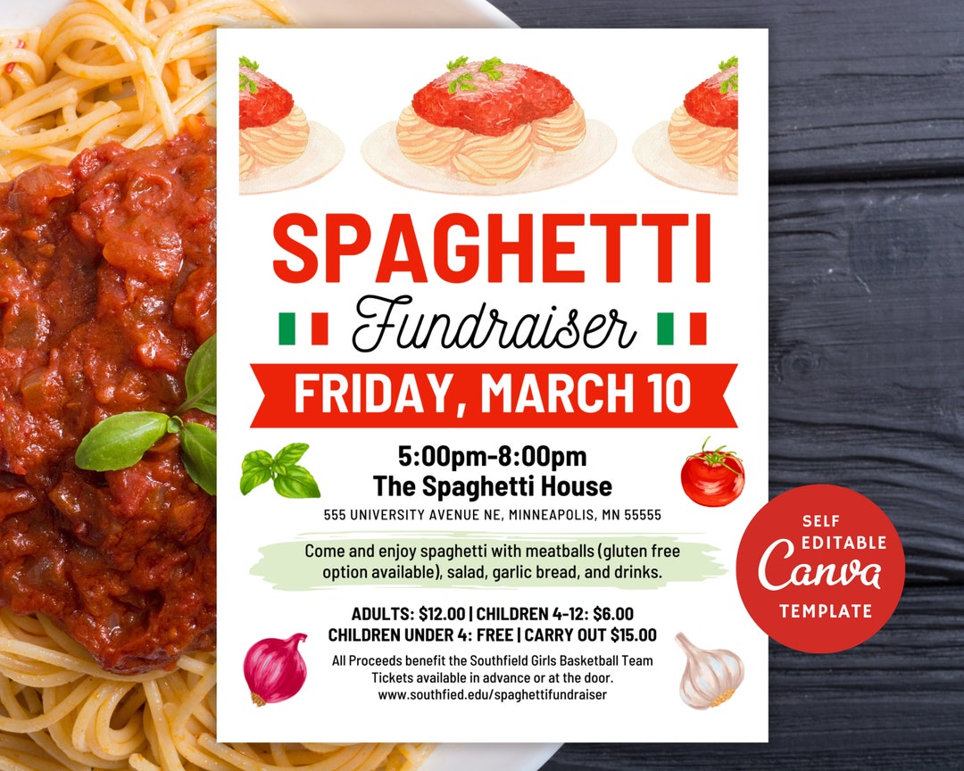 Editable Spaghetti Dinner Flyer Template, Fundraiser Printable (canva ...