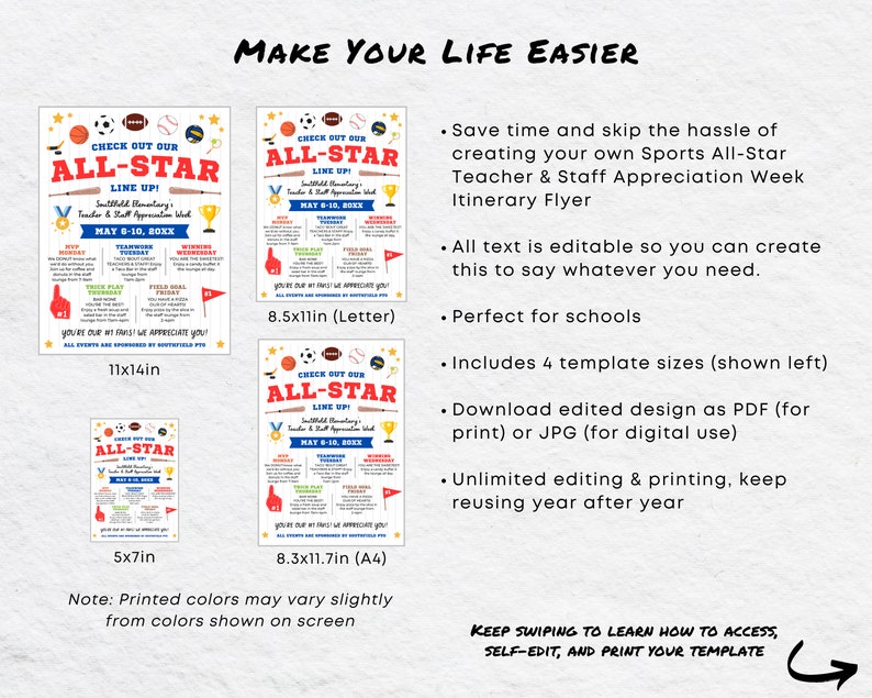 Sports All-star Teacher Appreciation Week Itinerary Flyer (canva ...
