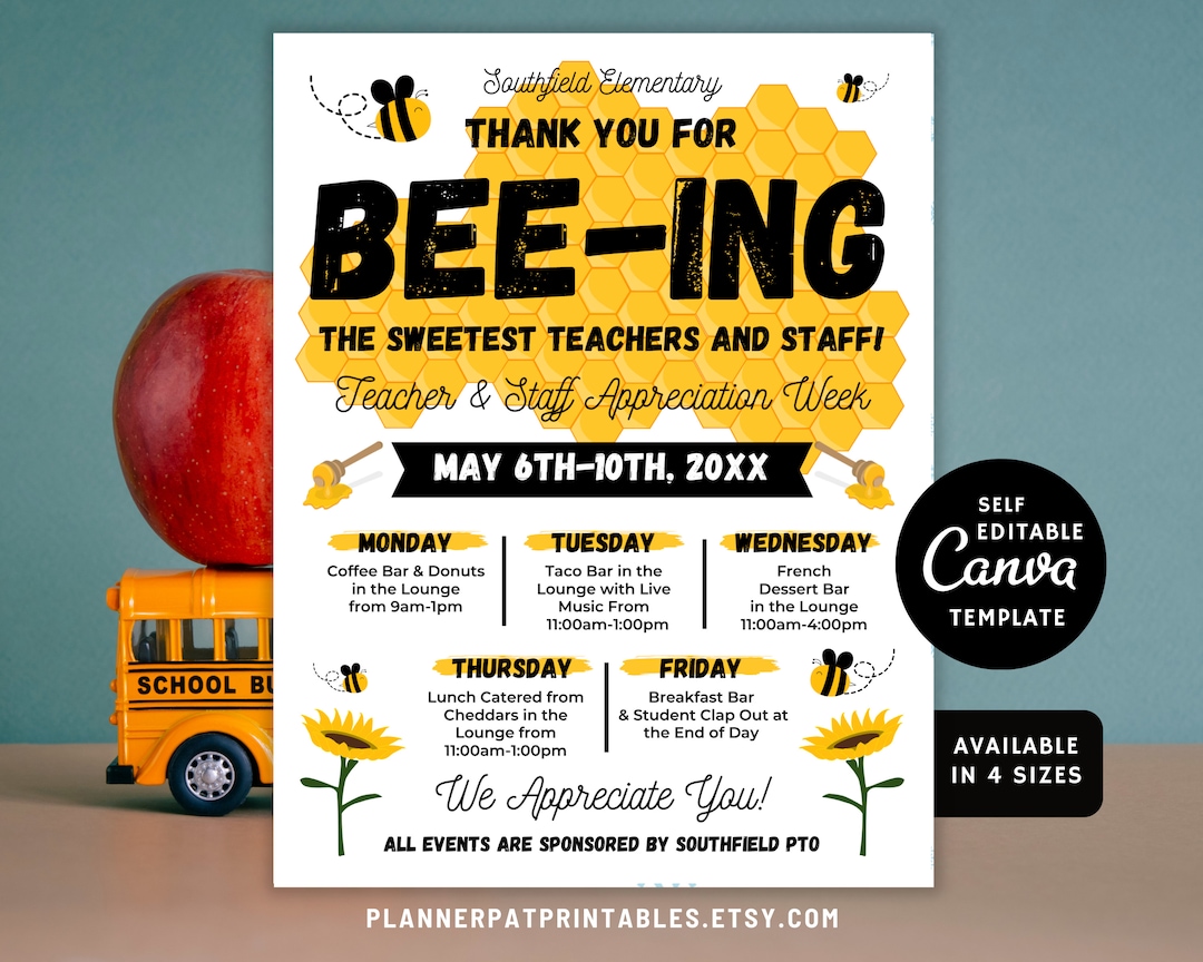 Editable Bumble Bee Theme Teacher & Staff Appreciation Week Flyer ...