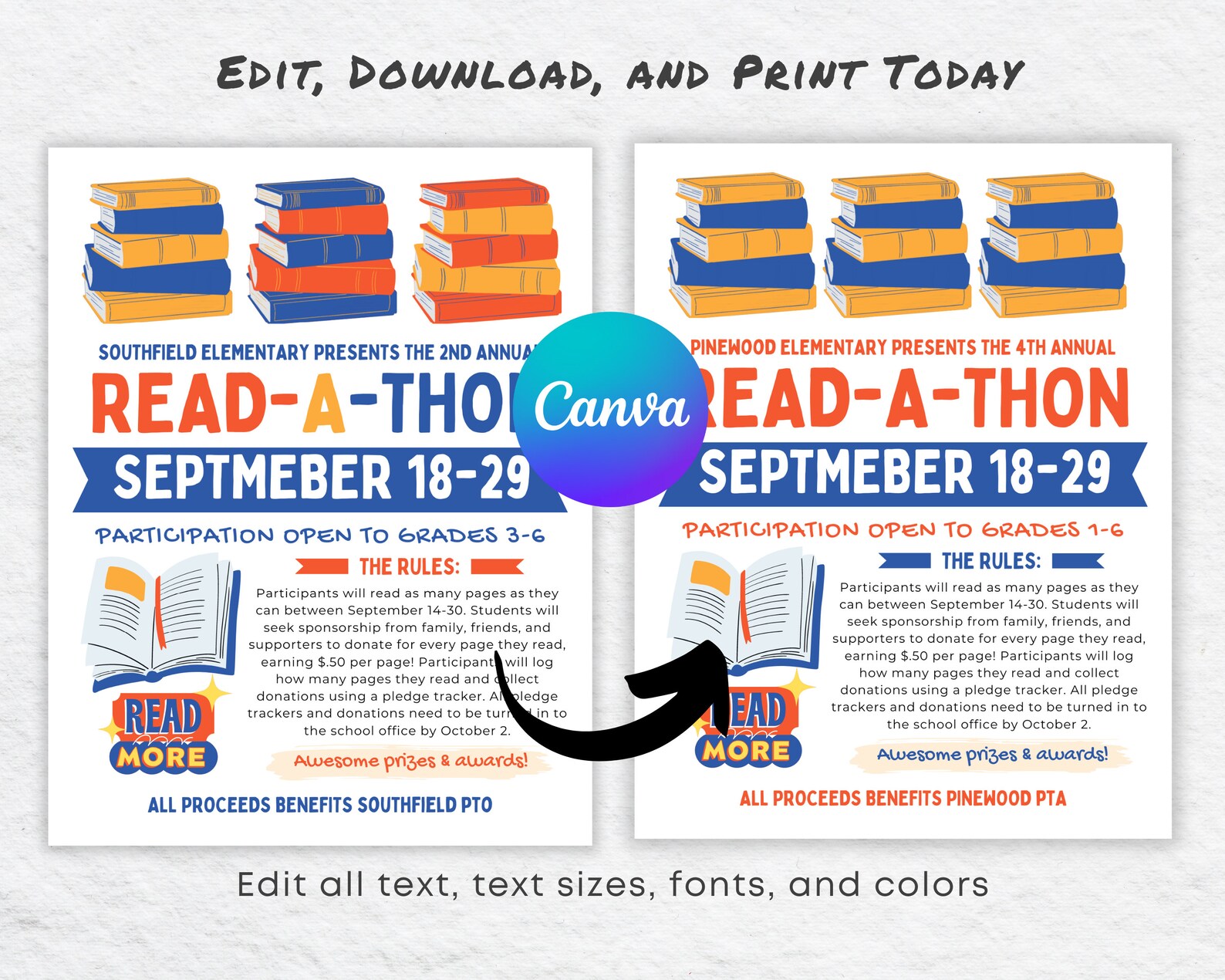 Read-a-thon Flyer Editable Template for Reading Literacy Fundraiser ...