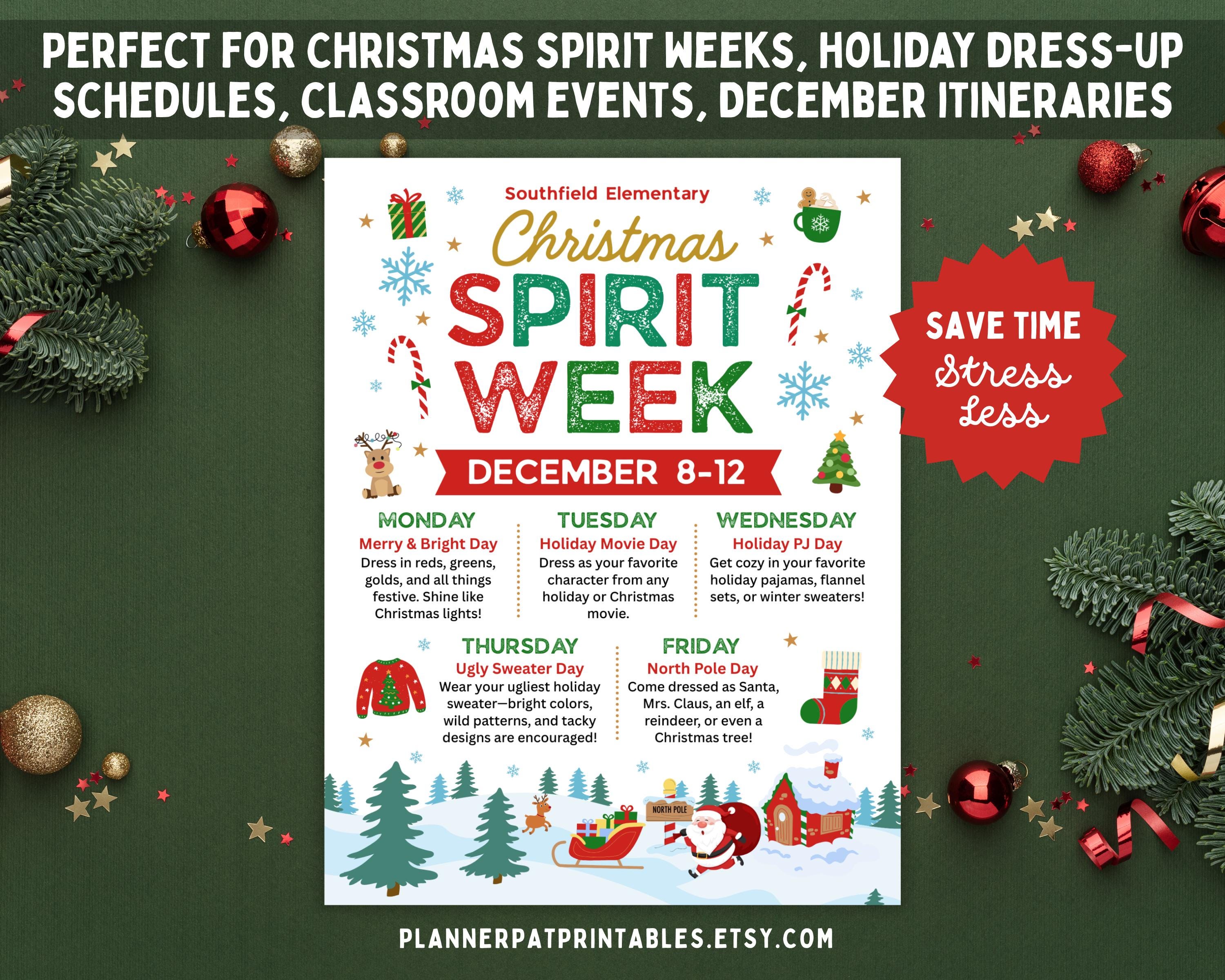 Christmas Spirit Week Flyer | Editable School Dress-up Days Schedule ...