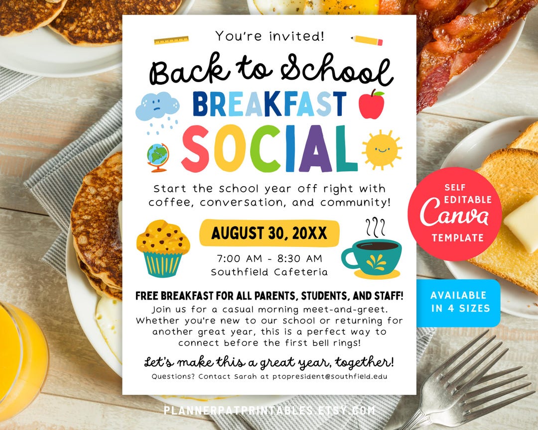 Editable School Breakfast Flyer Template: Canva Back to School Social ...