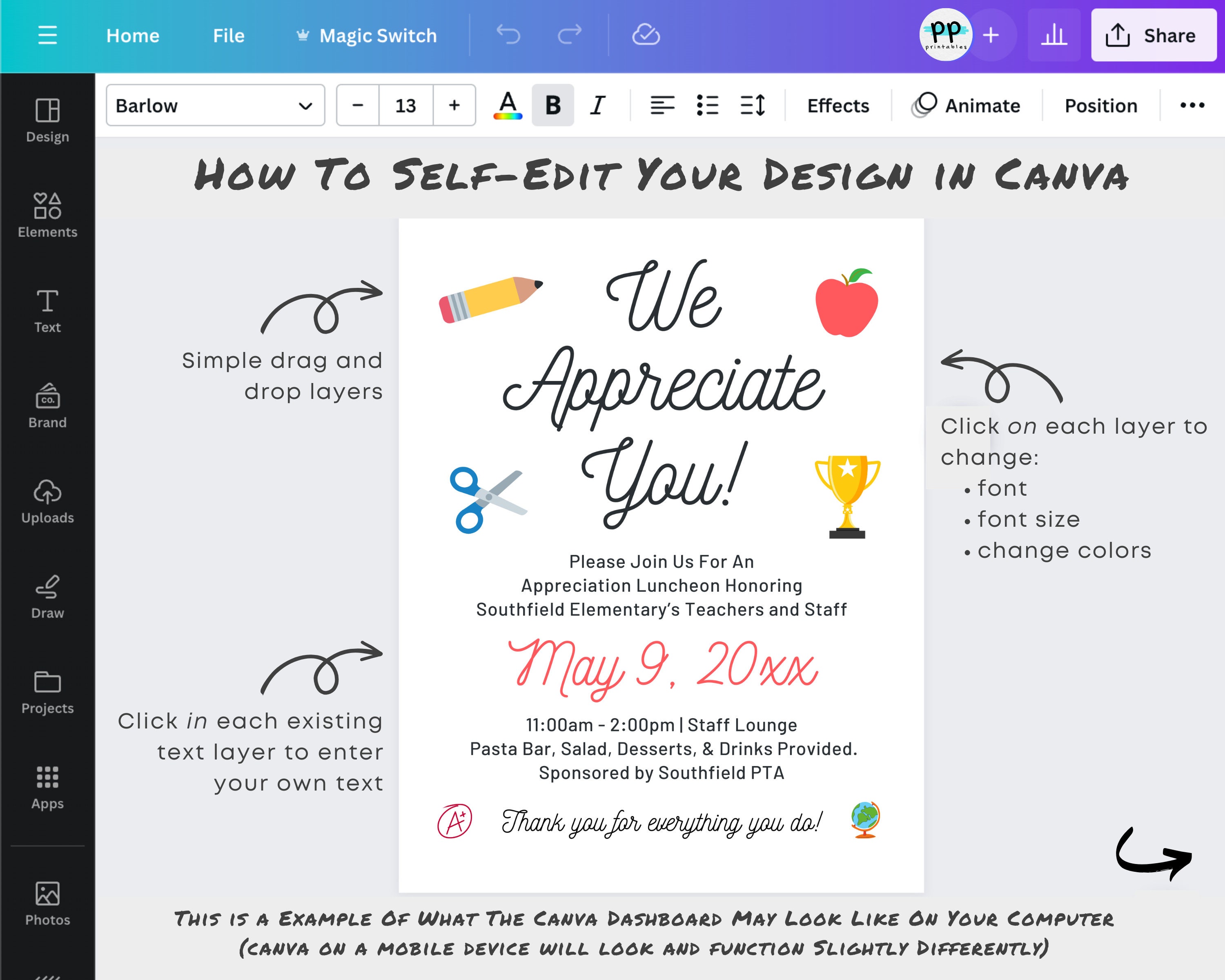 Editable Teacher Luncheon Invitation Canva Template, DIY School ...
