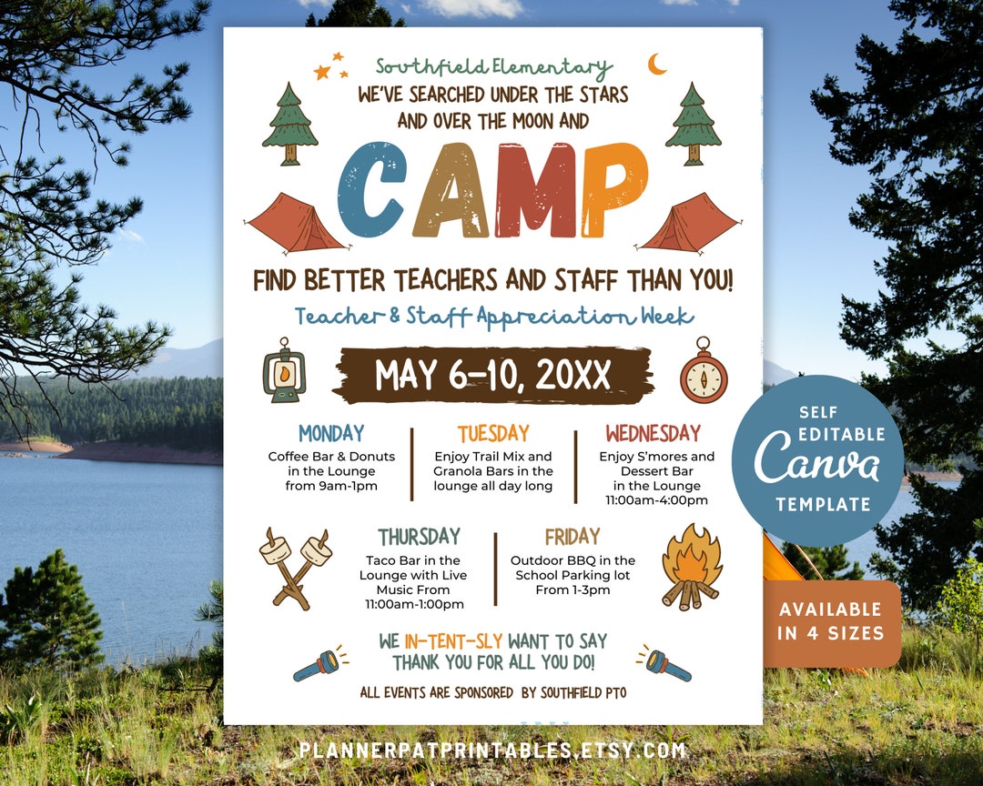 Editable Camp Theme Teacher & Staff Appreciation Day Camping Itinerary ...