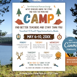 Editable Camp Theme Teacher & Staff Appreciation Day Camping Itinerary ...