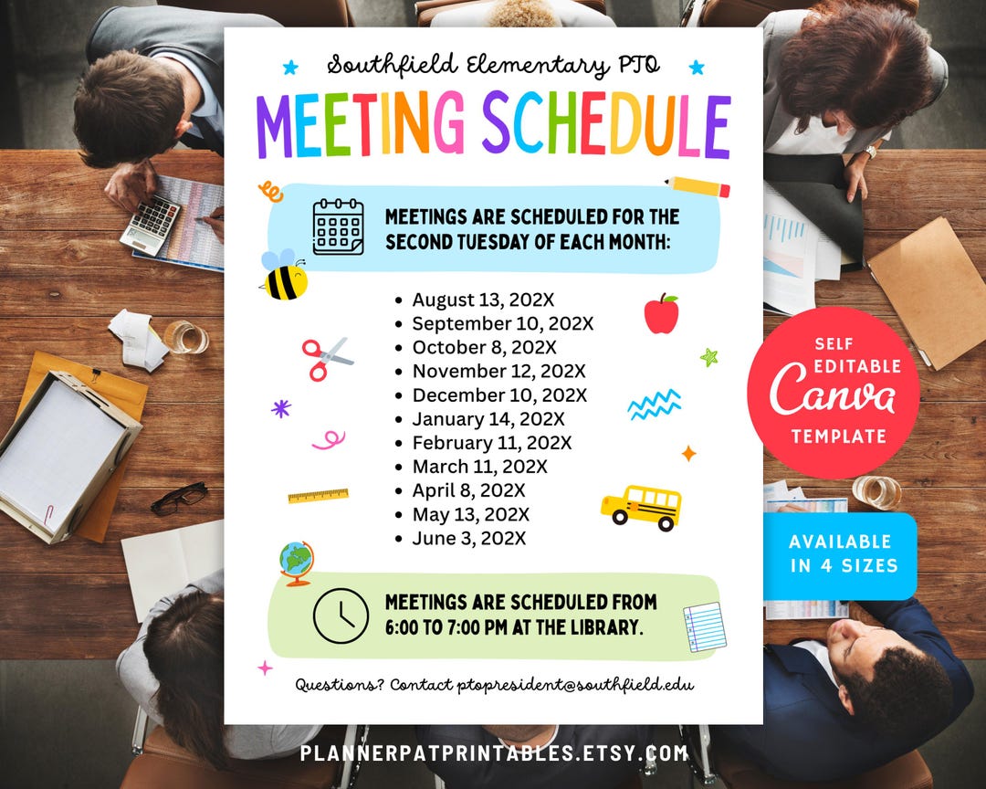 Editable PTA PTO Meeting Schedule Template: Canva School Event Calendar ...