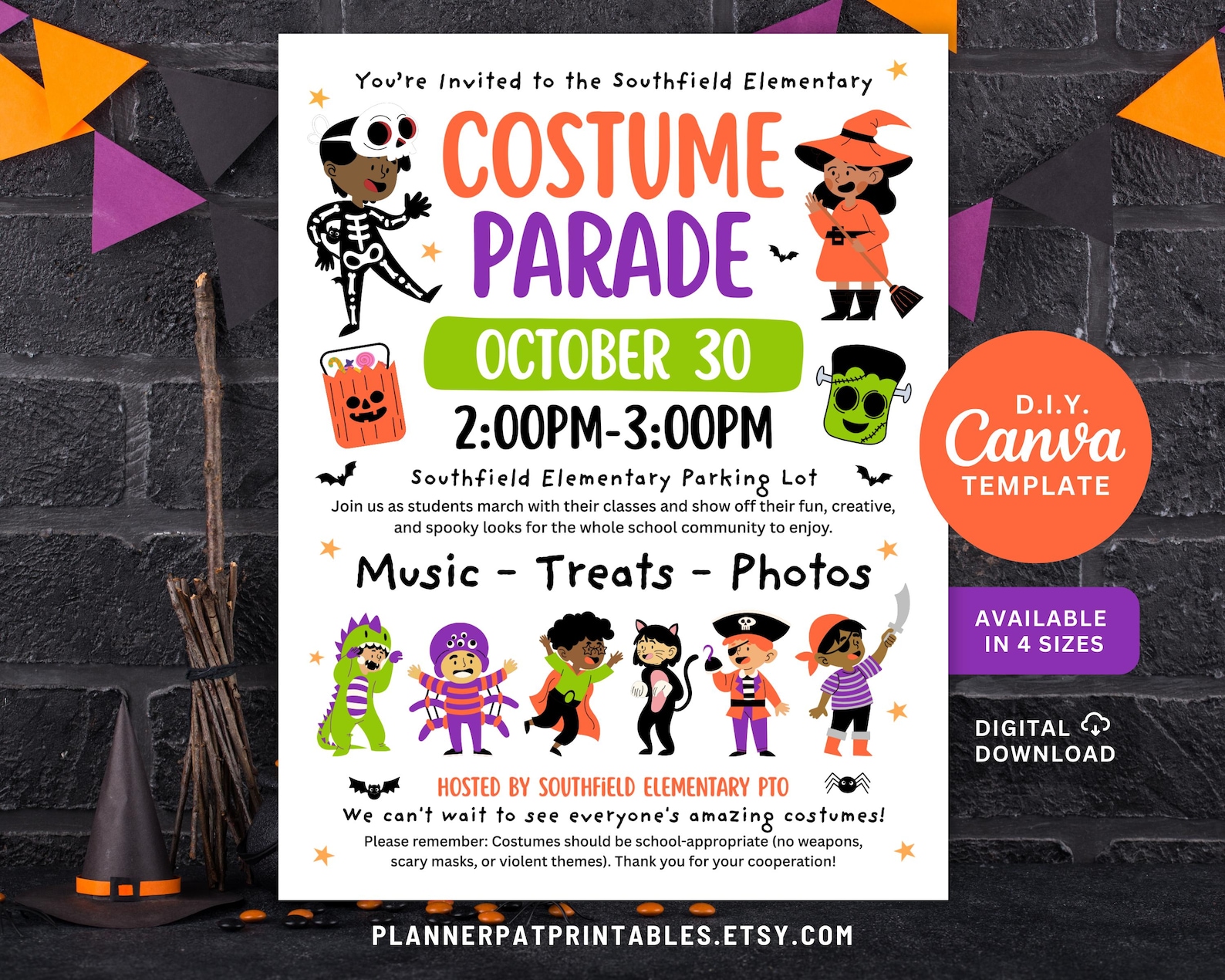 Editable Halloween Costume Parade Flyer Canva Template | Elementary ...