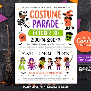 Editable Halloween Costume Parade Flyer Canva Template | Elementary ...