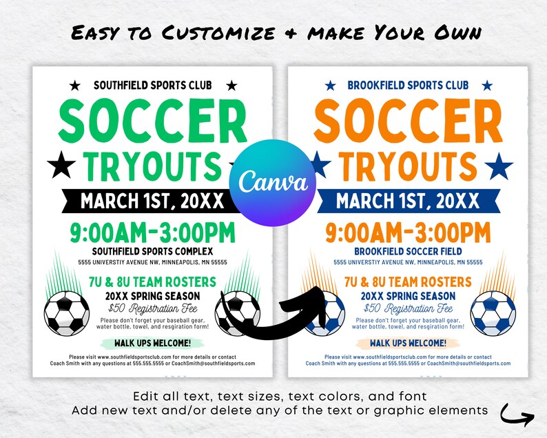 Editable Soccer Tryout Flyer, Sports Registration Event, Canva Template ...