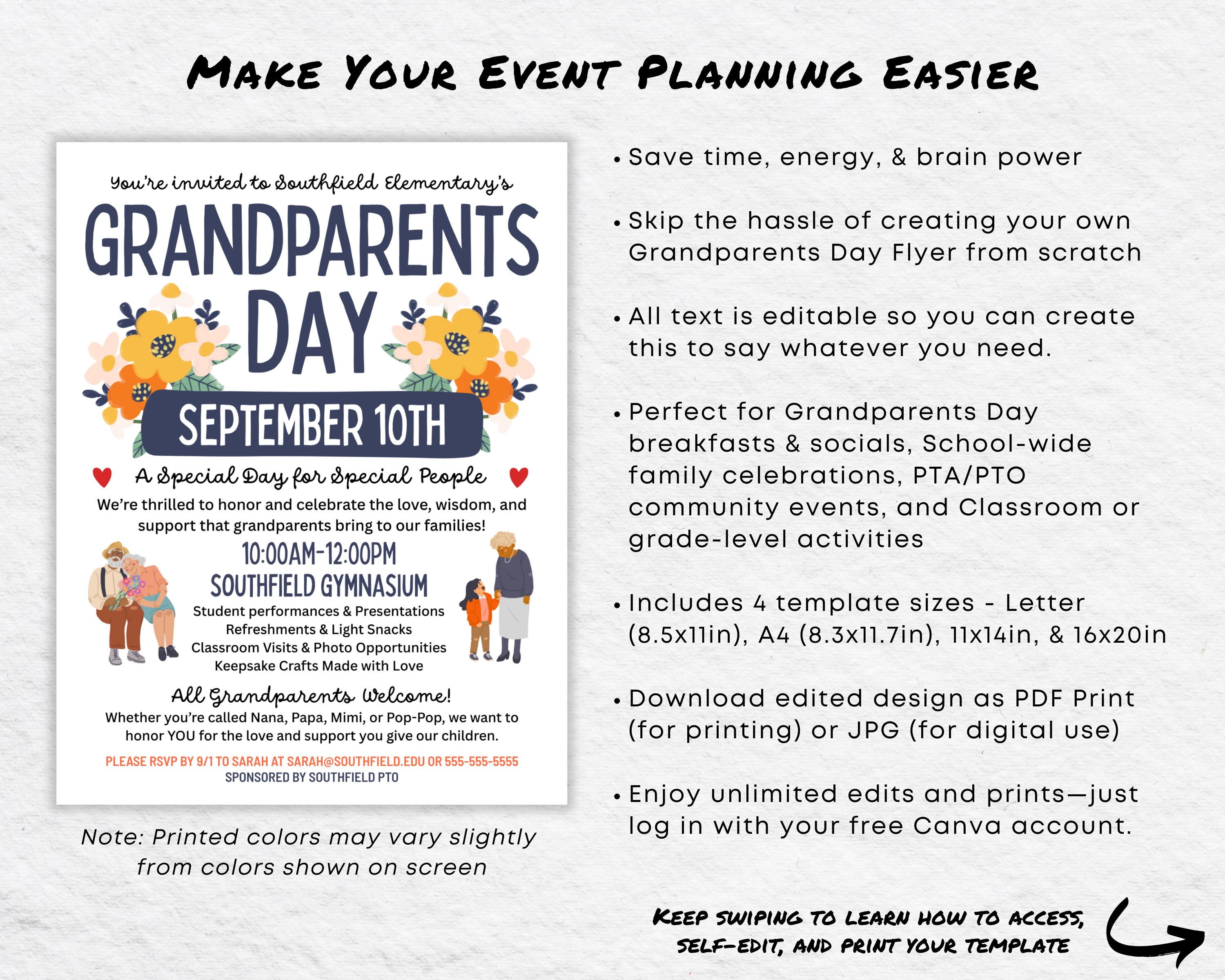 Editable Grandparents Day Flyer Template: School Event Invitation ...