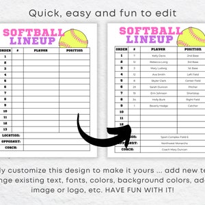 Editable Softball Line up Roster and Batting Order DIY Canva Template ...