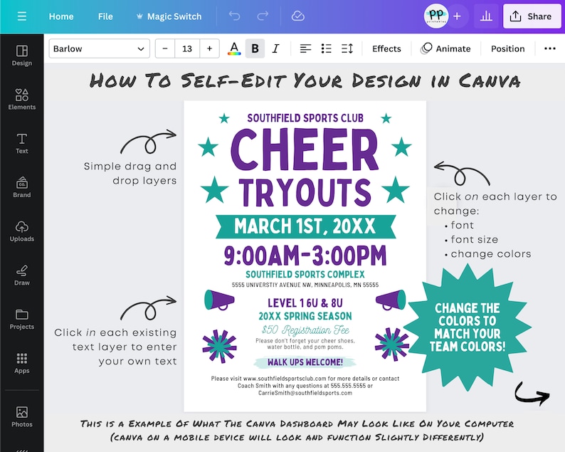 Cheerleader Tryout Flyer: Editable Cheer Template (canva, Digital ...