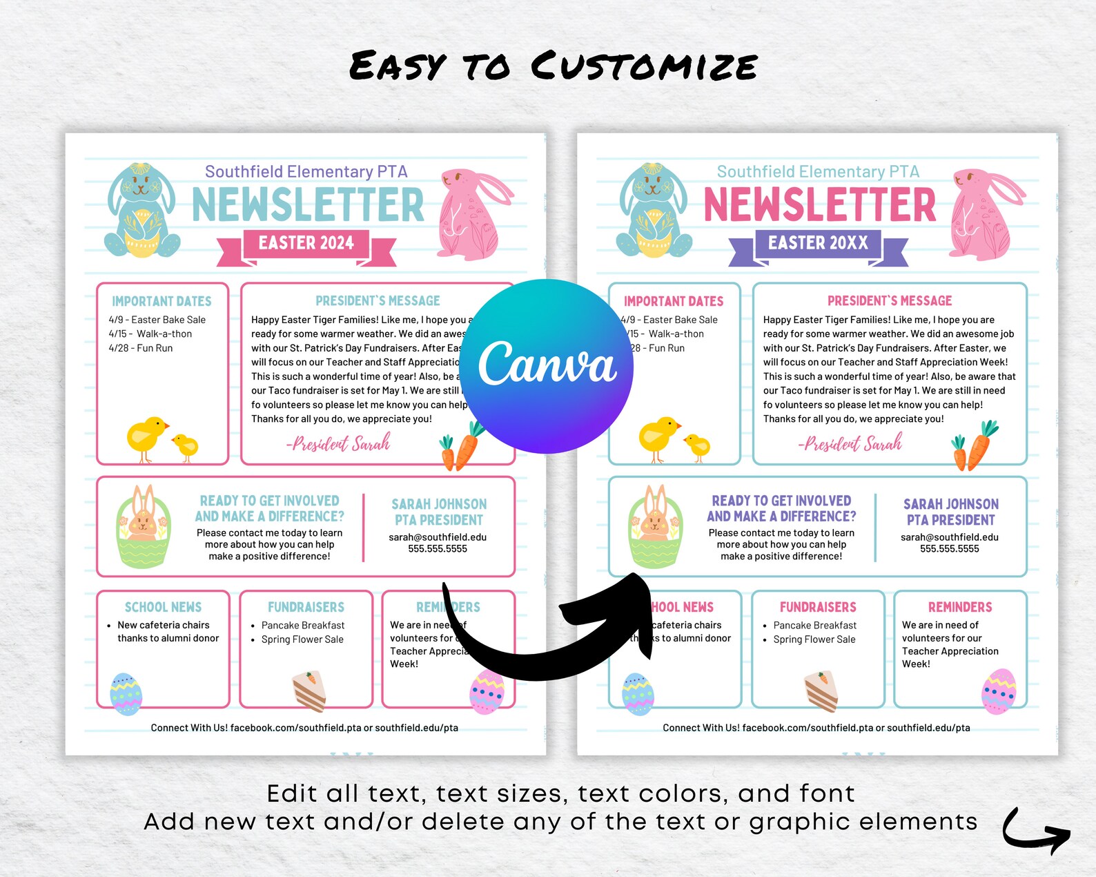 Editable Easter Newsletter Template, Monthly PTO PTA School News, Canva ...