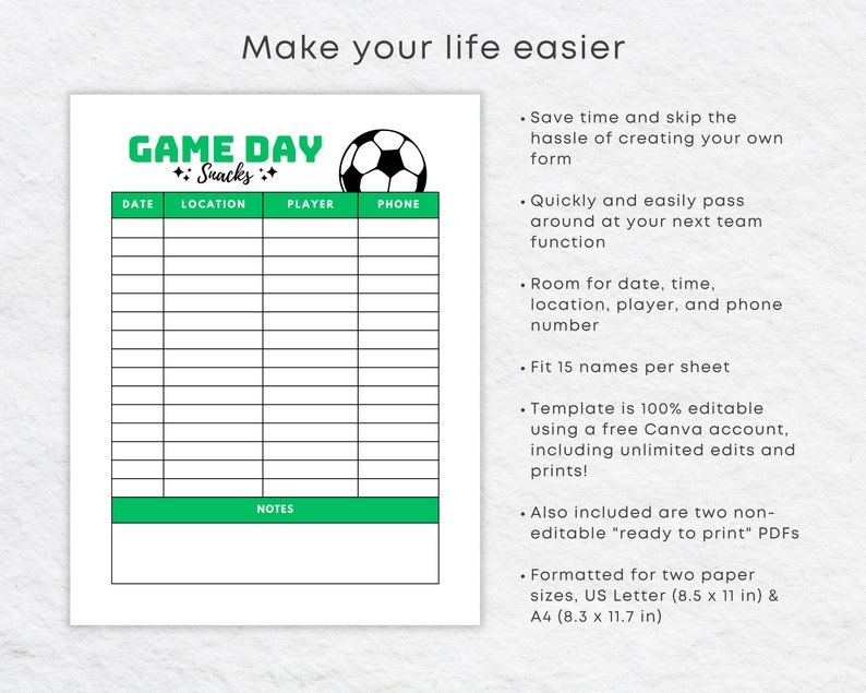 Soccer Snack Schedule Sign up Sheet Printable Editable Canva - Etsy