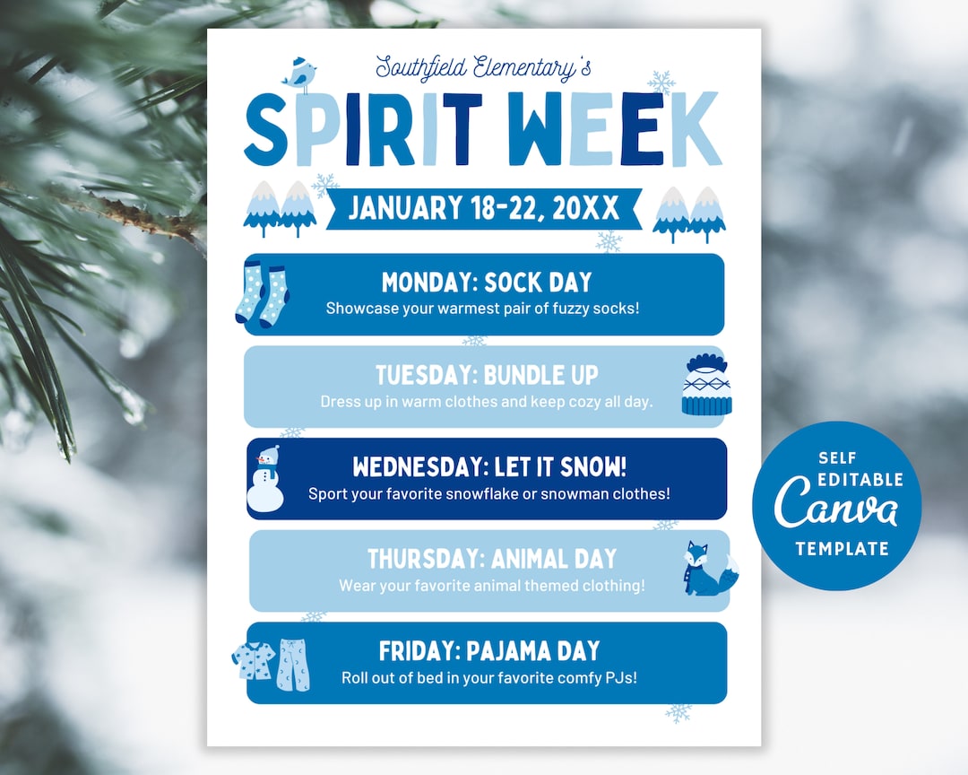 Editable Winter Spirit Week Flyer Canva Template, School Spirit ...