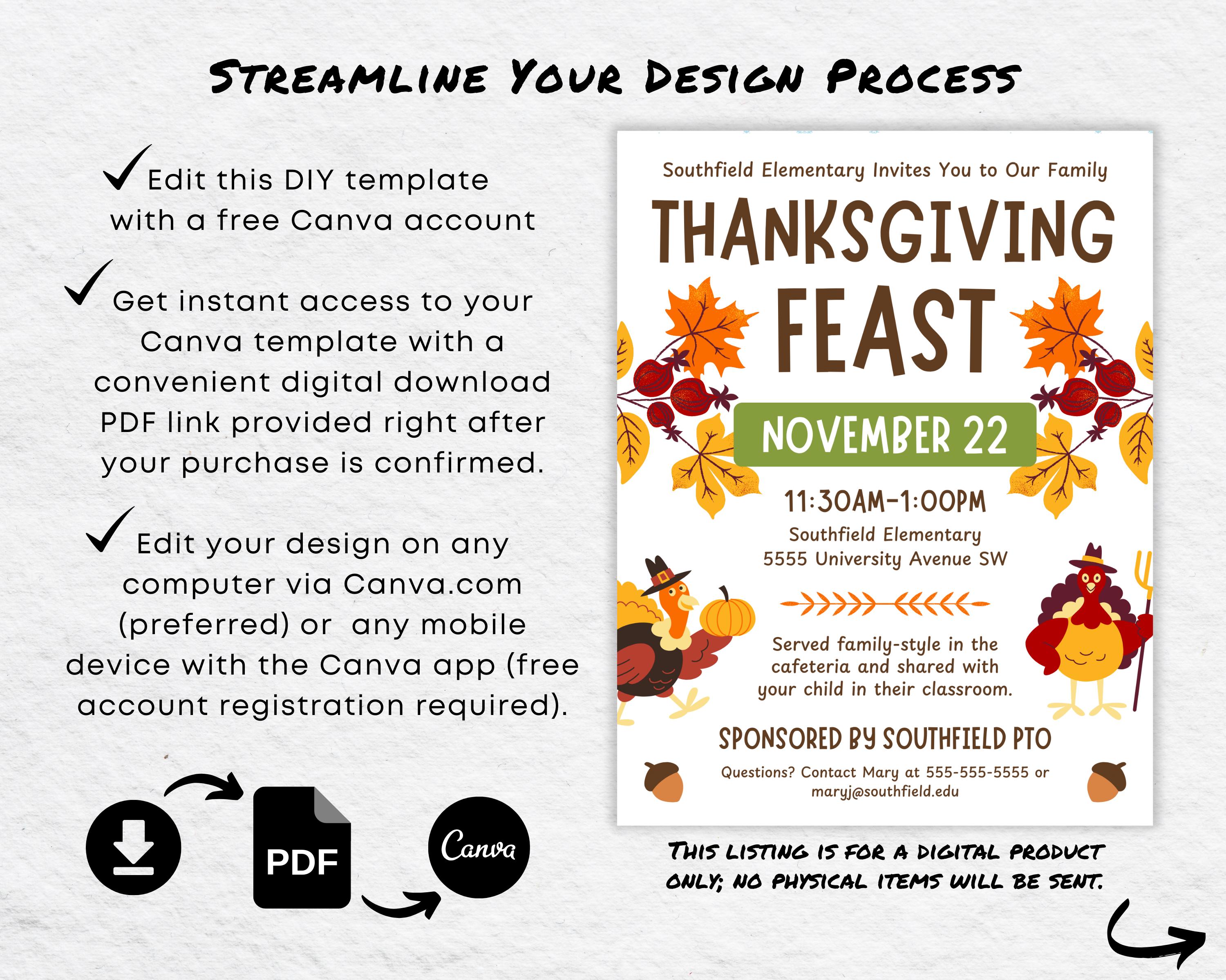 Editable Thanksgiving Feast Invitation: Fall School Luncheon (canva ...