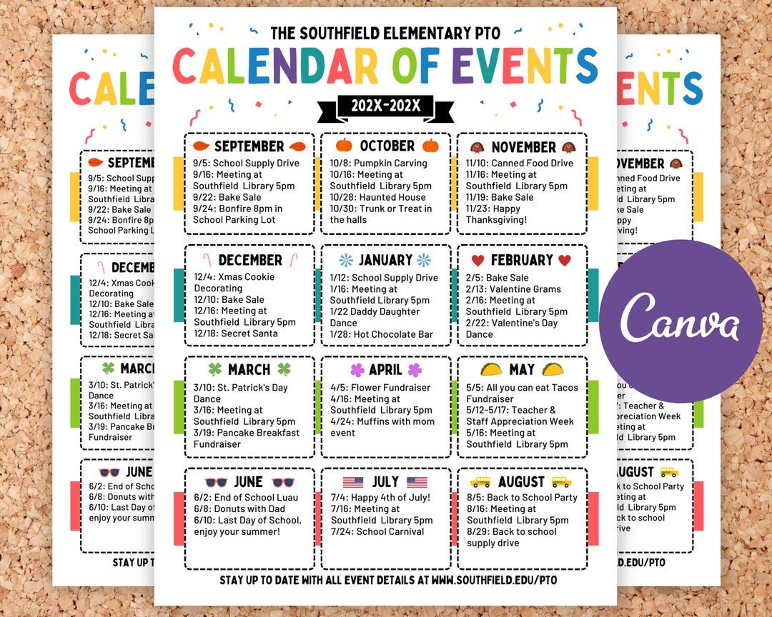 PTA Calendar of Events Flyer Editable Template for PTO Monthly Event ...