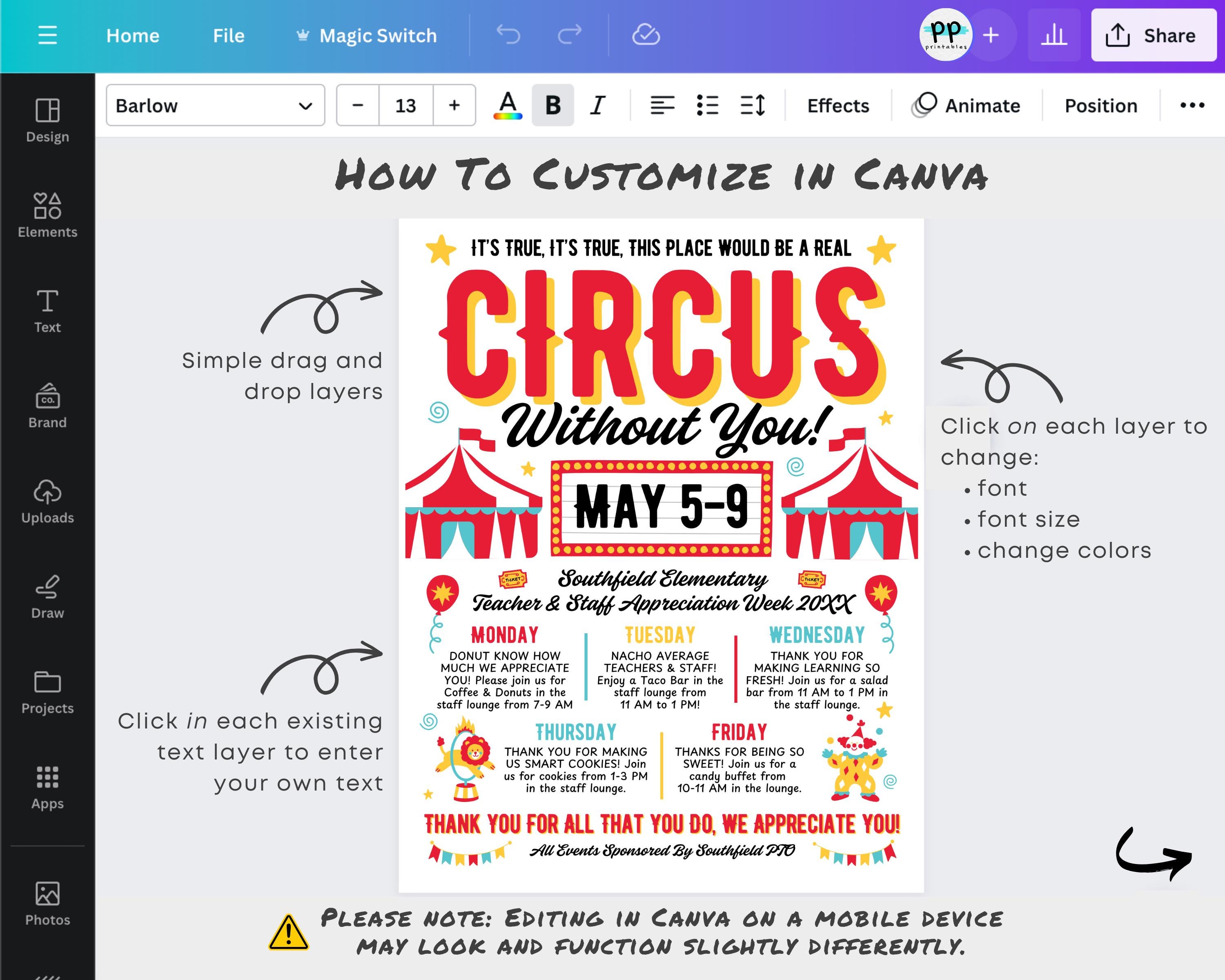 Circus Theme Teacher Appreciation Week Itinerary Flyer (canva Template ...