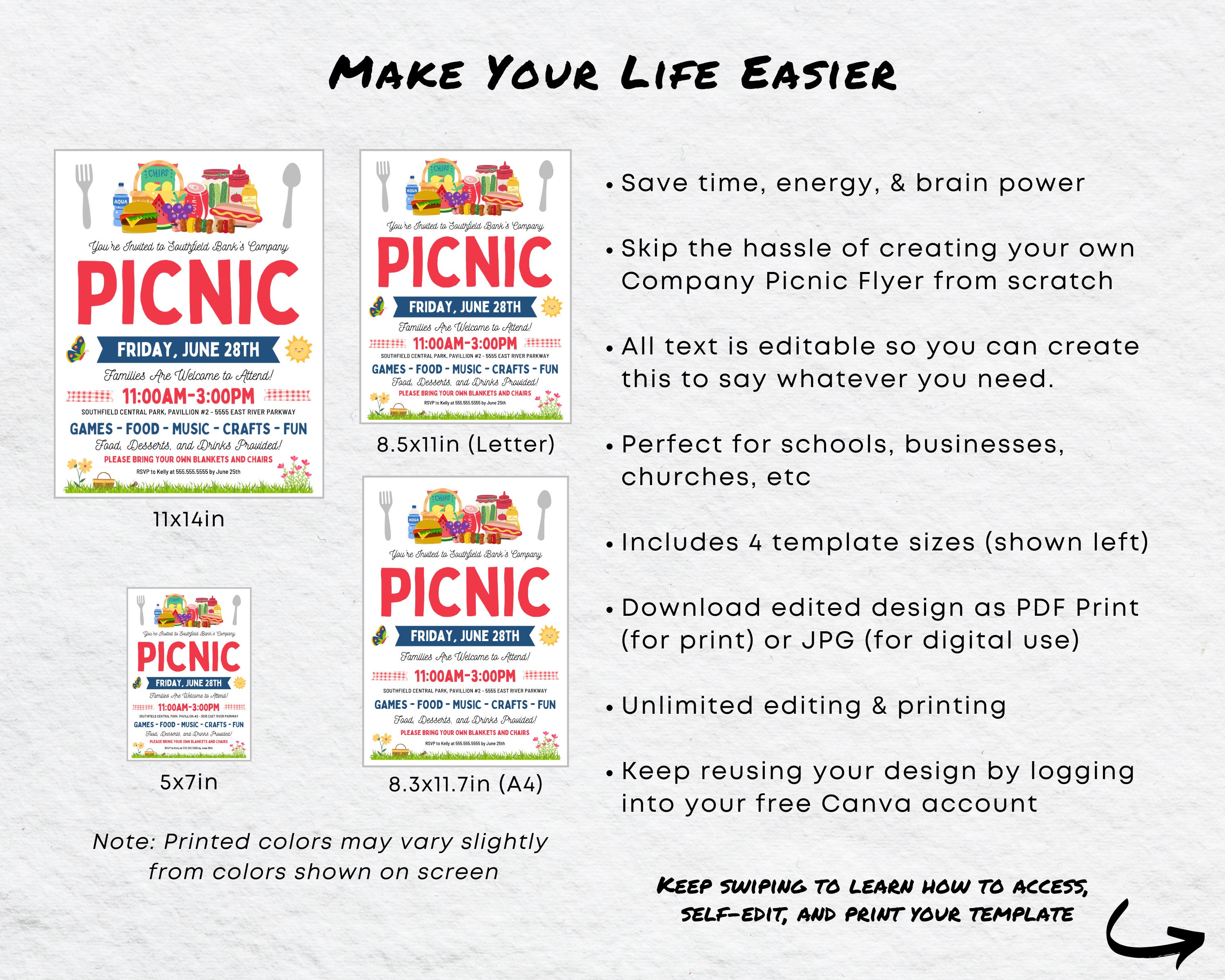 Company Picnic Flyer Editable Template, Work Appreciation Party, Canva ...