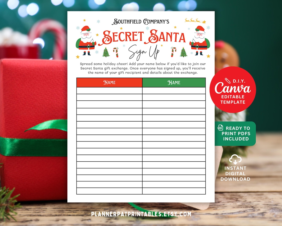 Secret Santa Sign up Sheet | Editable Christmas Gift Exchange Form ...