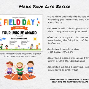 Editable Field Day Award Certificate Template, PE Gym Awards Printable ...