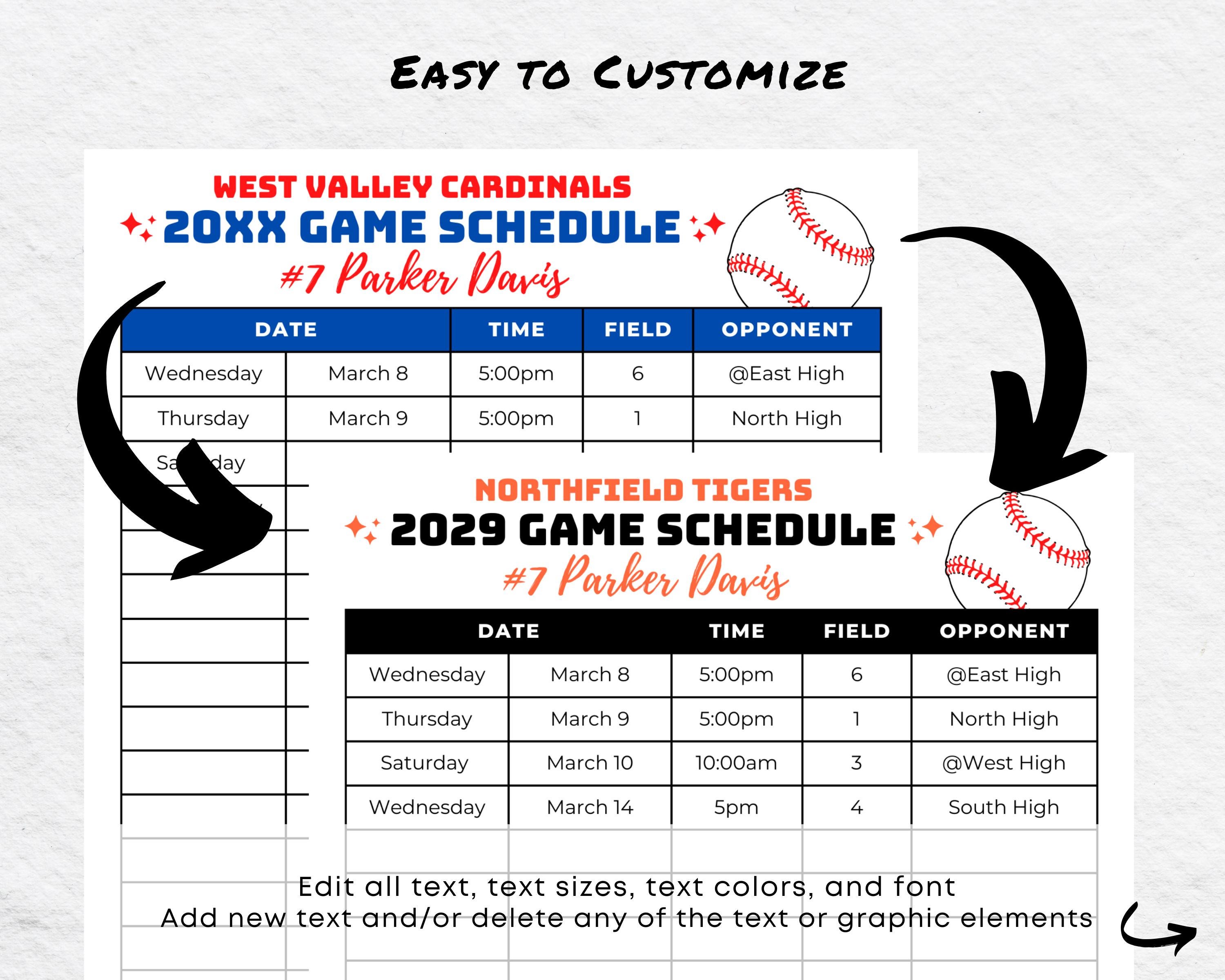 Editable Baseball Schedule Template, Practice Calendar Printable (canva ...