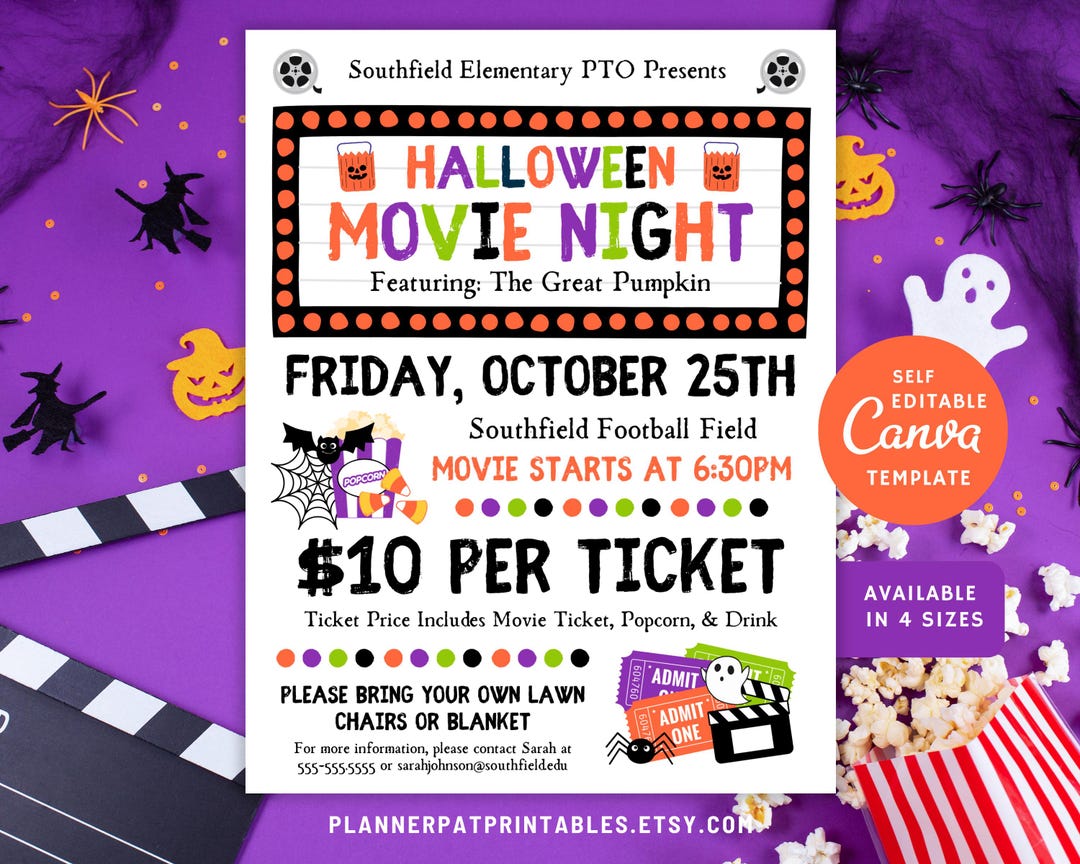 DIY Halloween Movie Night Flyer Template, Editable School Film Event ...