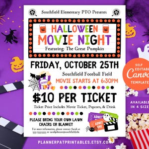 DIY Halloween Movie Night Flyer Template, Editable School Film Event ...