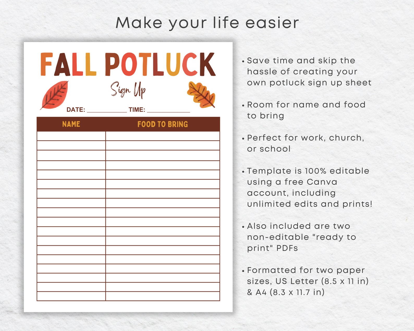 Fall Potluck Sign up Sheet Printable Autumn Harvest Potluck - Etsy ...