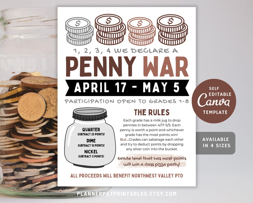 Penny War Flyer Editable Template, Coin Drive Fundraiser, Canva ...