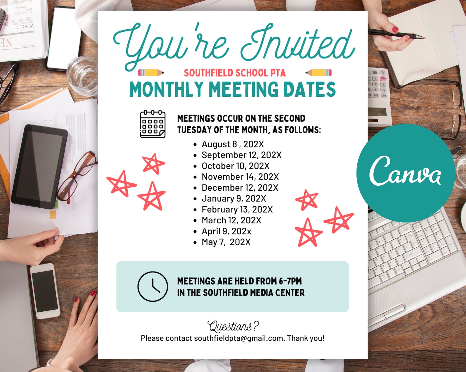 Yearly PTO PTA Meeting Dates Flyer Editable Template for Annual Meeting ...