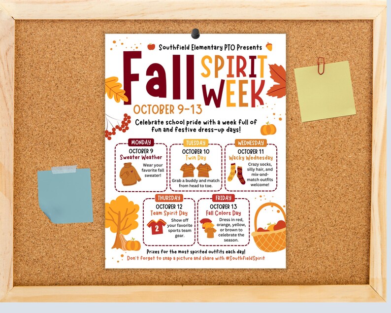 Editable Fall Spirit Week Flyer: Autumn Dress up Schedule (canva ...