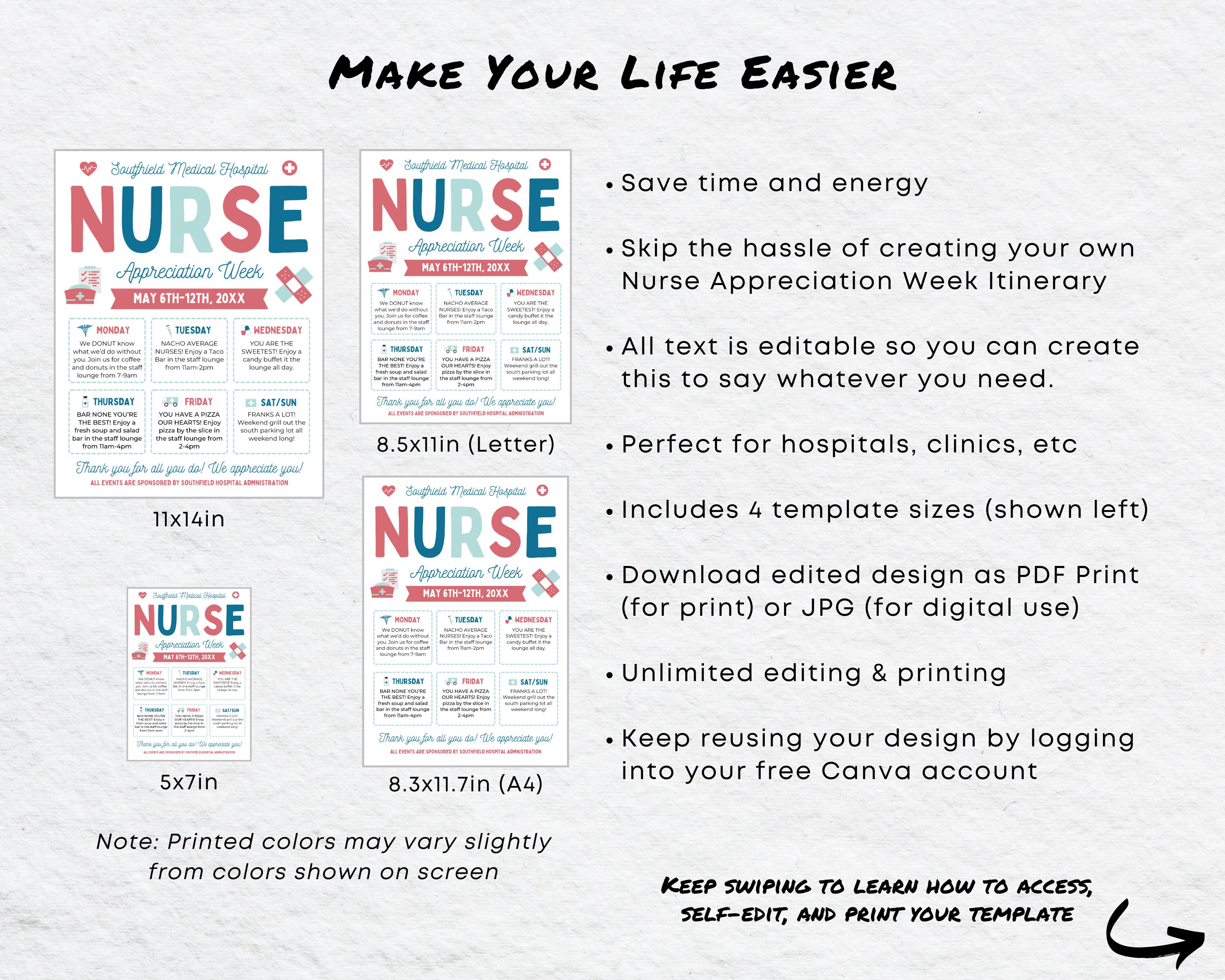 Editable Nurse Appreciation Week Flyer | Nursing Itinerary Template ...