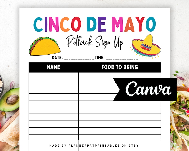 Cinco De Mayo Potluck Sign up Sheet for Taco Fiesta Potluck Party ...