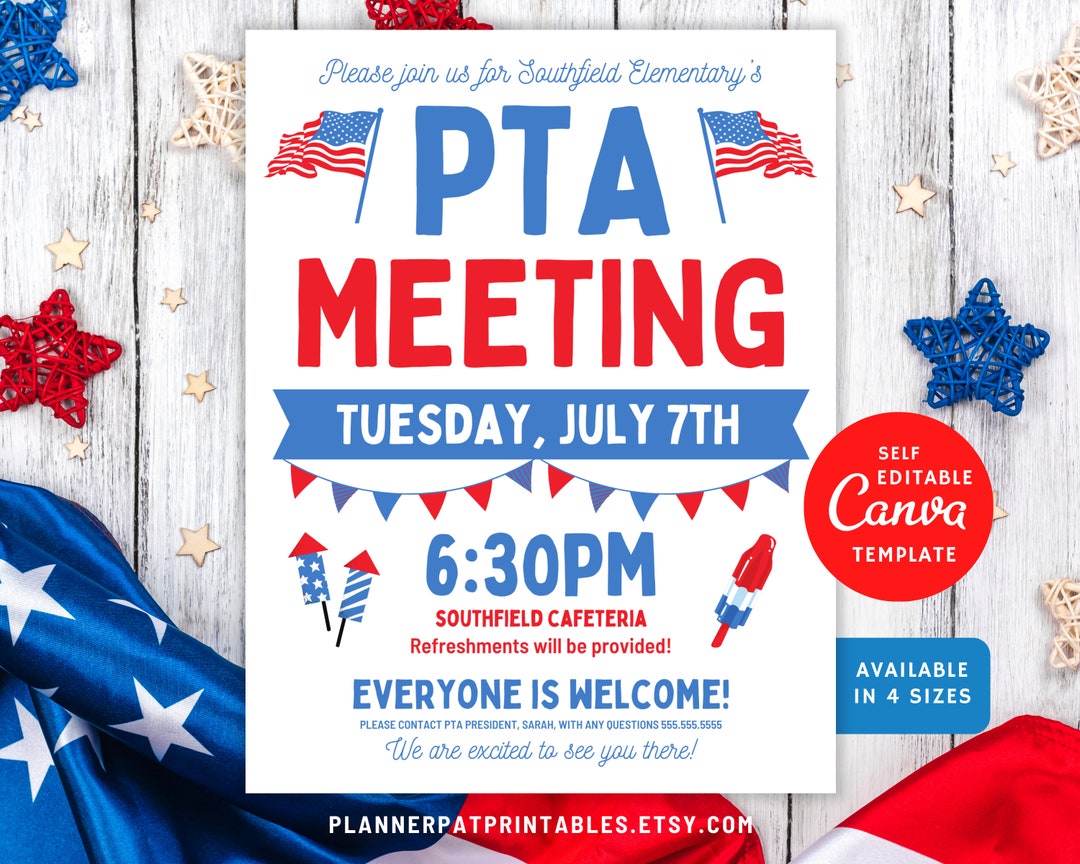 Editable July PTO PTA Meeting Flyer Template, Summer Meeting Reminder ...