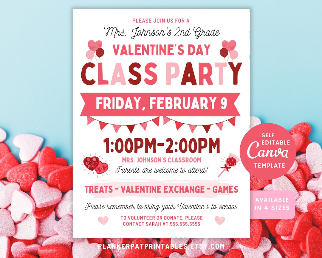 Editable Valentine Class Party Invite, Elementary School Party, Canva ...