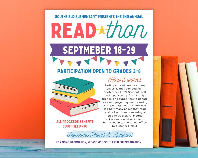 Read-a-thon Flyer Editable Template for School Reading Fundraiser ...