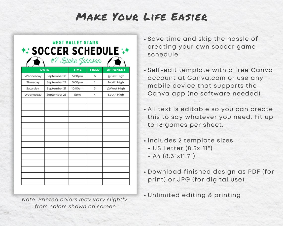Editable Soccer Schedule Template | Canva Soccer Game & Practice ...