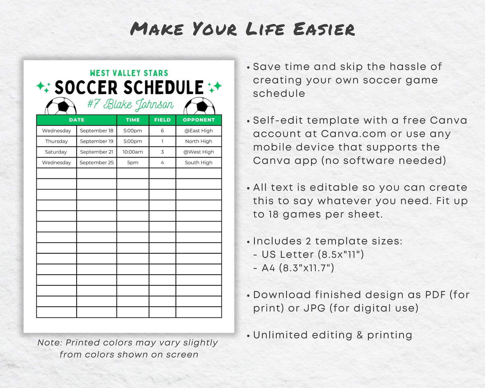 Editable Soccer Schedule Template, Canva Soccer Game Calendar - Etsy