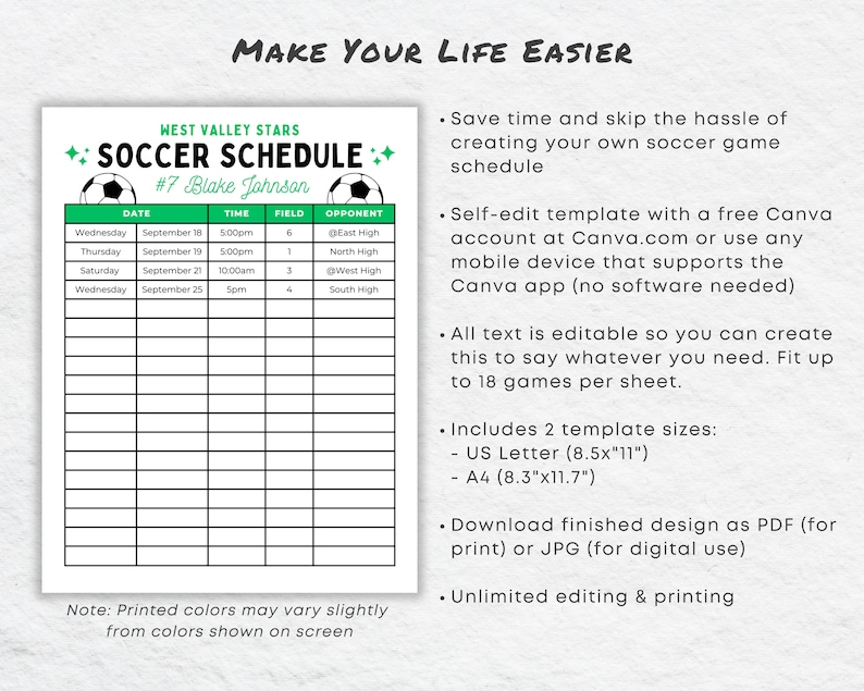 Editable Soccer Schedule Template | Canva Soccer Game & Practice ...