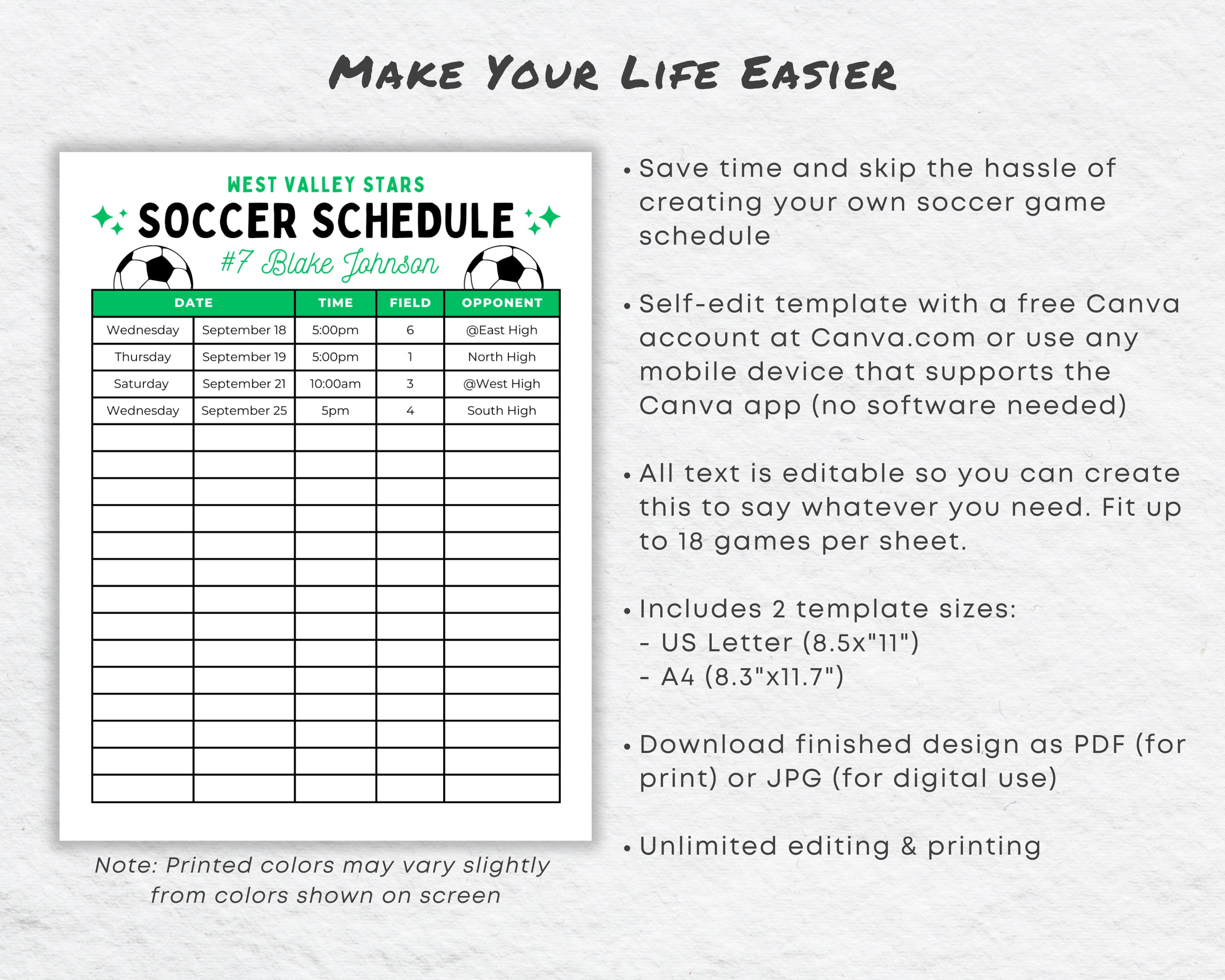 Editable Soccer Schedule Template Canva Soccer Game Calendar - Etsy ...