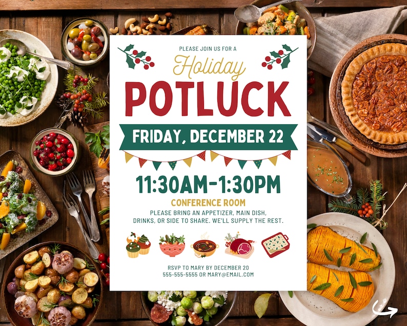 Editable Holiday Potluck Flyer: Christmas Work Party Invite (canva ...