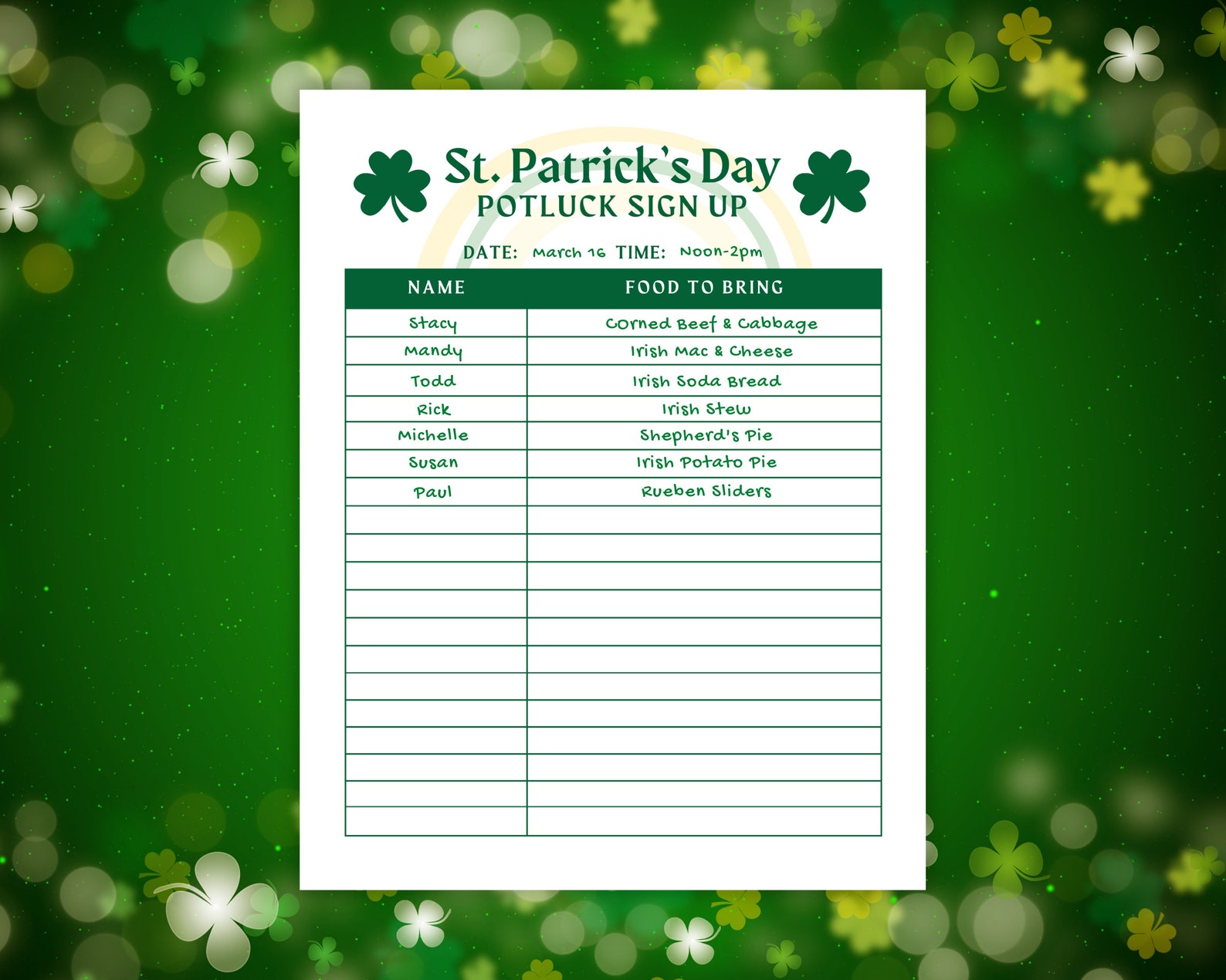 Editable St Patricks Potluck Sign up Sheet, Printable Party Food List ...