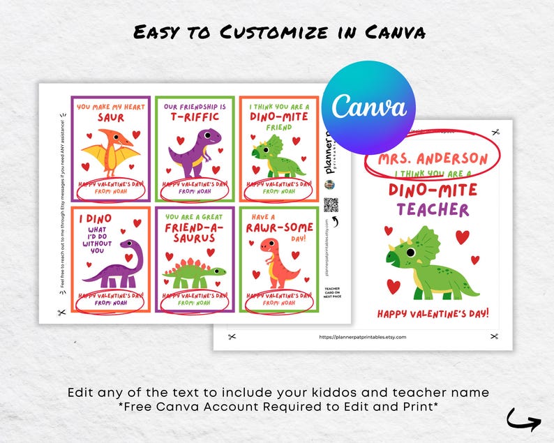 Dinosaur Valentines Cards, Classroom Exchange Tags, Editable and ...