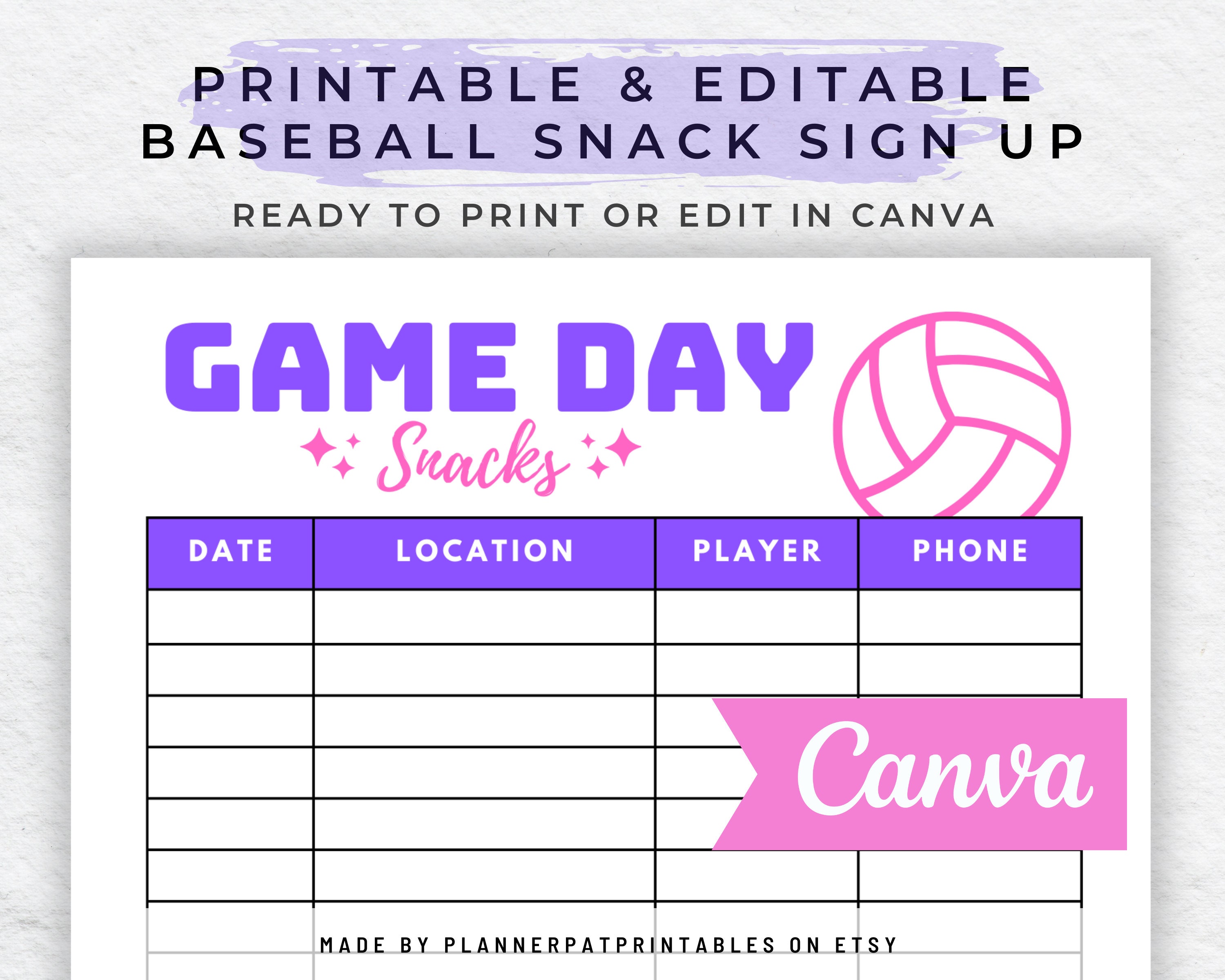 Volleyball Snack Sign Up Sheet Schedule Editable Template Printable, Canva