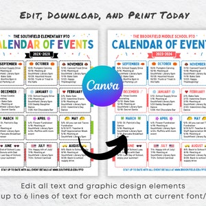 PTA Calendar of Events Flyer Editable Template for PTO Monthly Event ...
