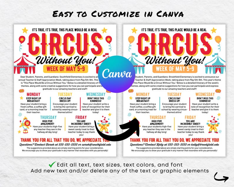 Circus Teacher Appreciation Newsletter: Editable Canva Template ...
